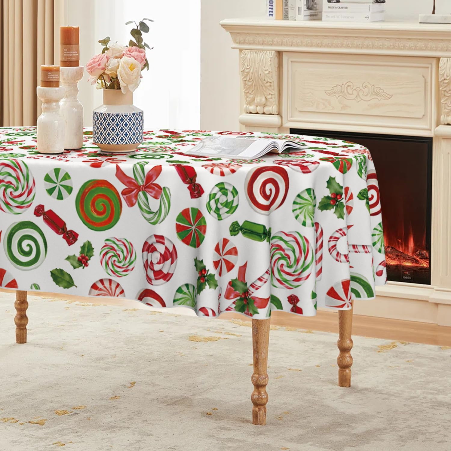 Christmas Tablecloth 60×84 Inch Oval, Candy Cane Lollipop Washable ...