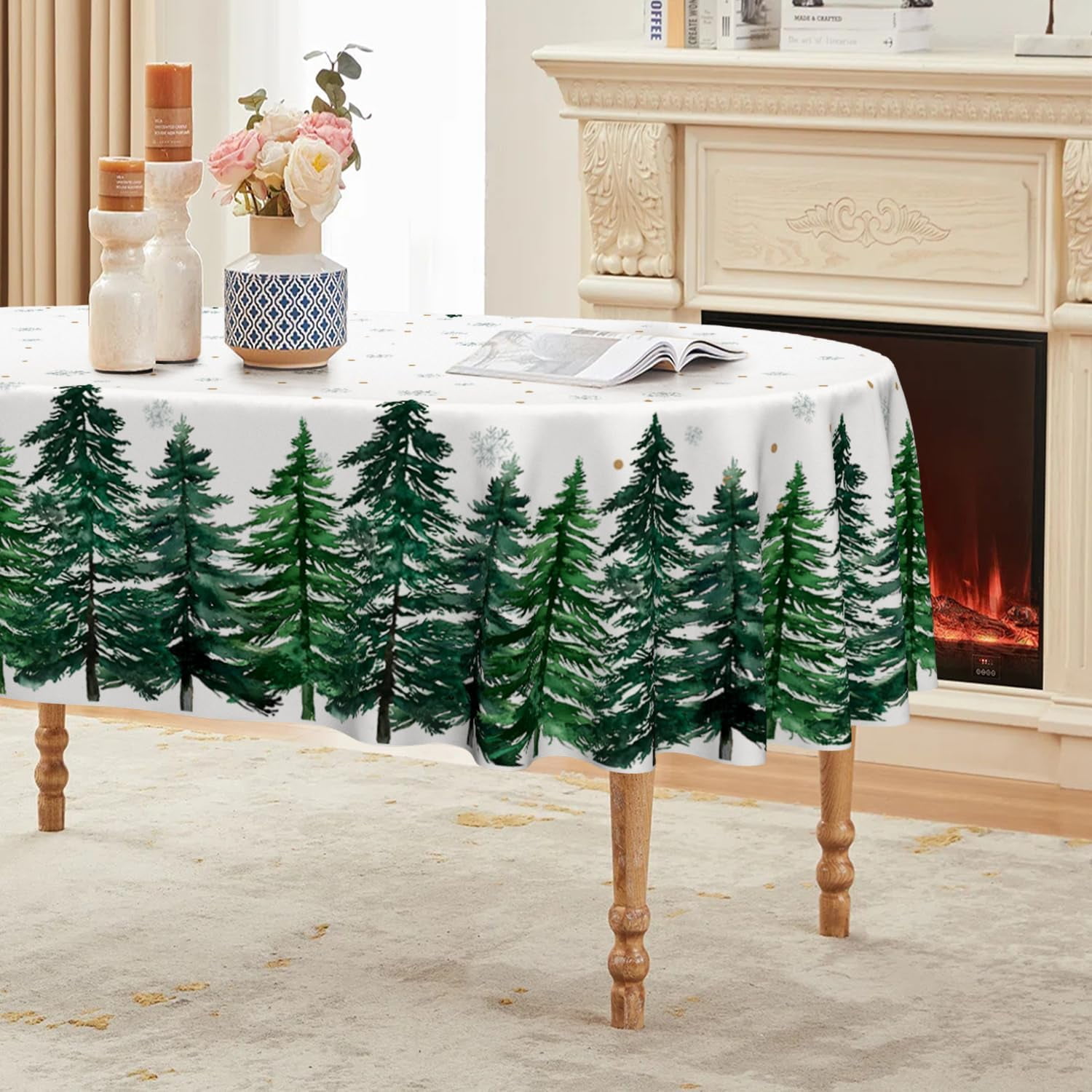 Christmas Tablecloth 60×84 Inch Oval, Christmas Pine Tree Snow Washable ...