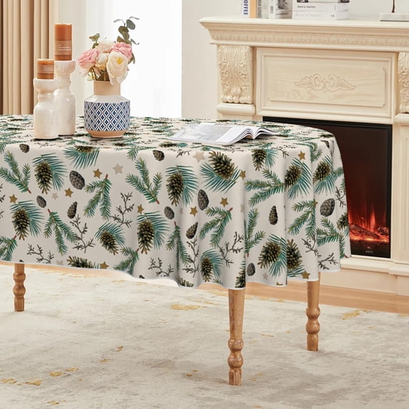 Christmas Tablecloth 60×84 Inch Oval, Pine Branches Cones Washable ...