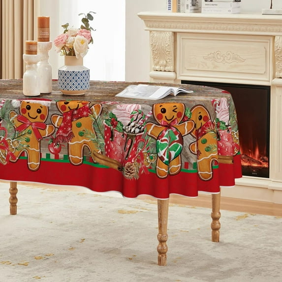 Christmas Tablecloth 60×84 Inch Oval, Wood Gingerbread Man Cute ...