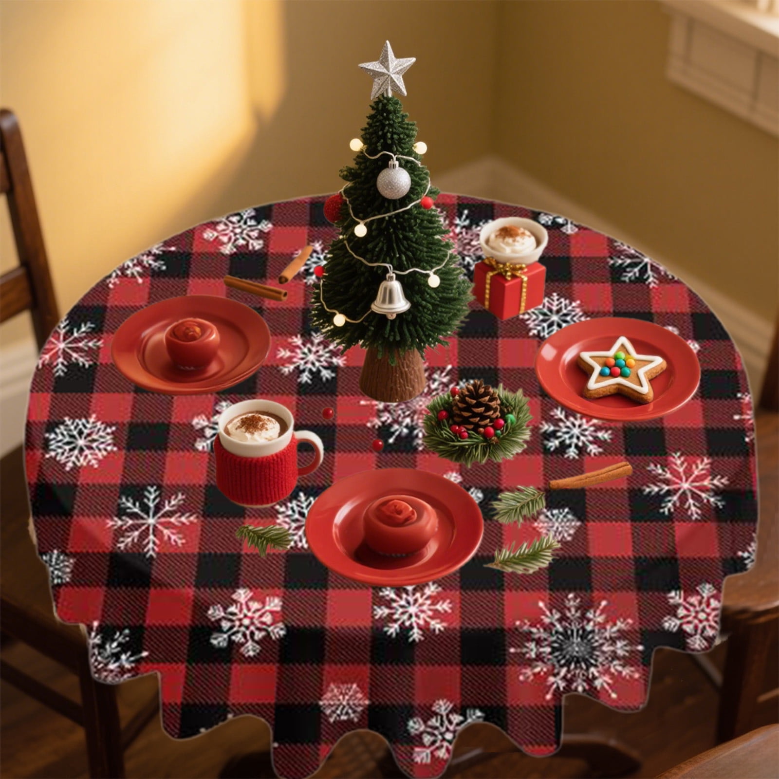 Christmas Tablecloth 60 Inch Round Festive Holiday Dining Table Cover ...