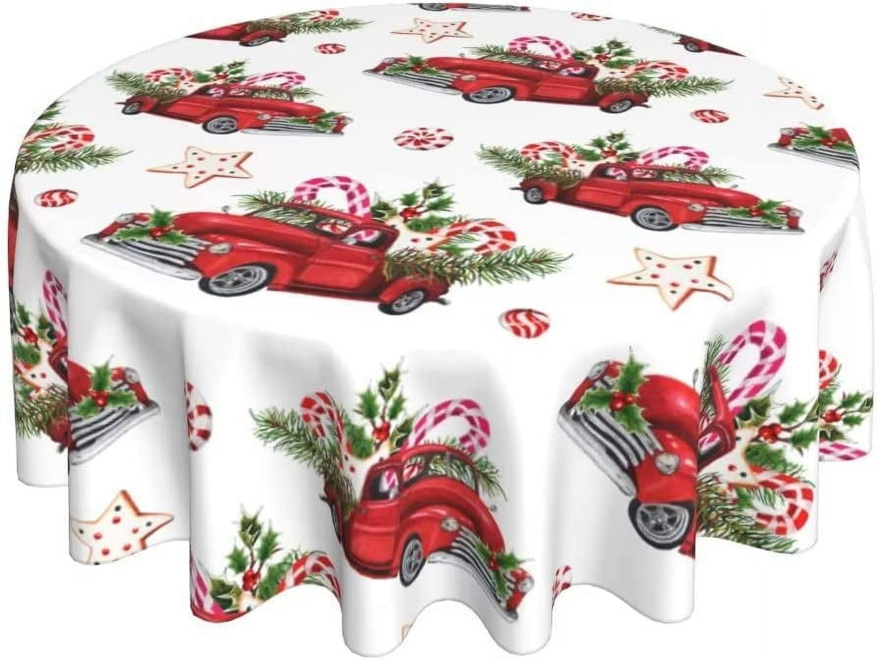 Christmas Tablecloth 60 Inch Round Xmas Red Truck Star Candy Cane ...