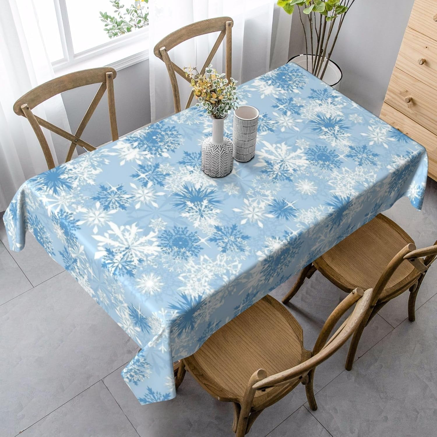 Christmas Tablecloth 60 x 84 Inch Rectangle Winter Blue White Snowflake ...