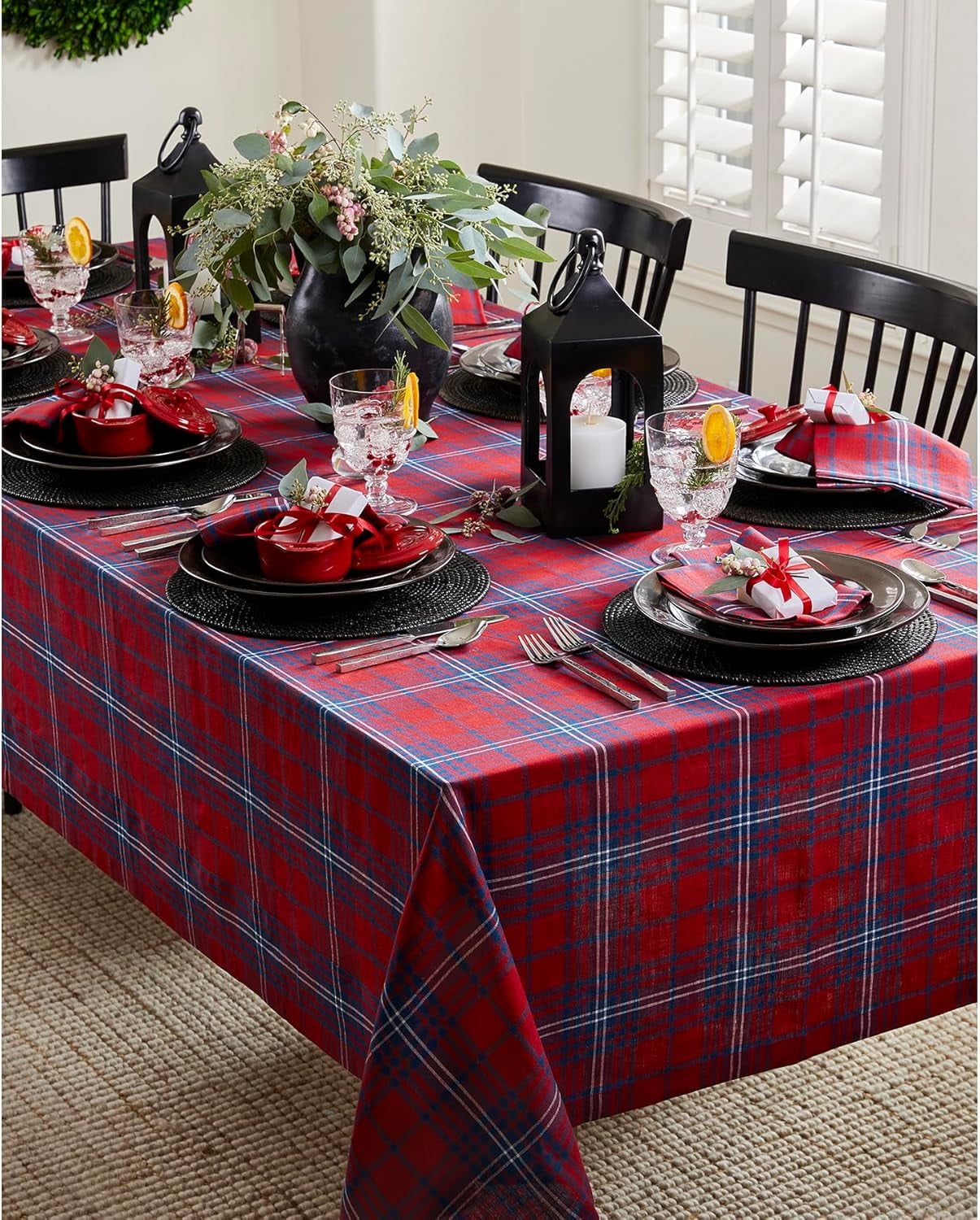Christmas Tablecloth 60 x 90 Inch - Pure Linen Red and Navy Tartan ...