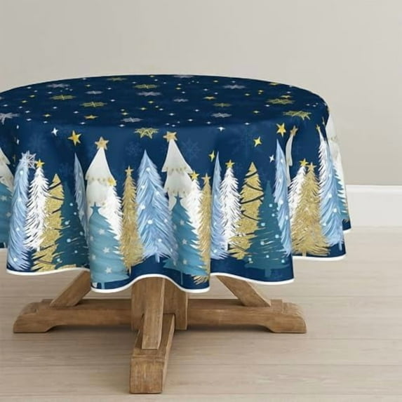 Christmas Tablecloth 60x60 Inch Round, Christmas Trees Blue Grey ...