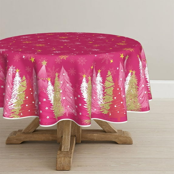 Christmas Tablecloth 60x60 Inch Round, Christmas Trees Pink Washable ...