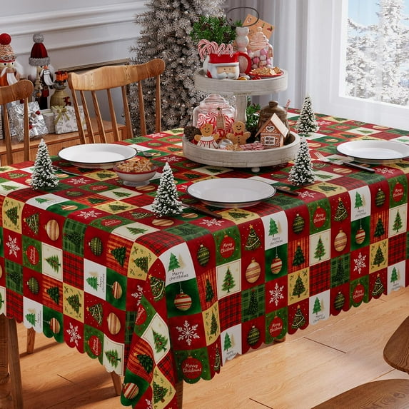 Christmas Tablecloth 60x84 Inch Rectangle, Red Snowflake Merry Christmas Ball Trees Washable ...