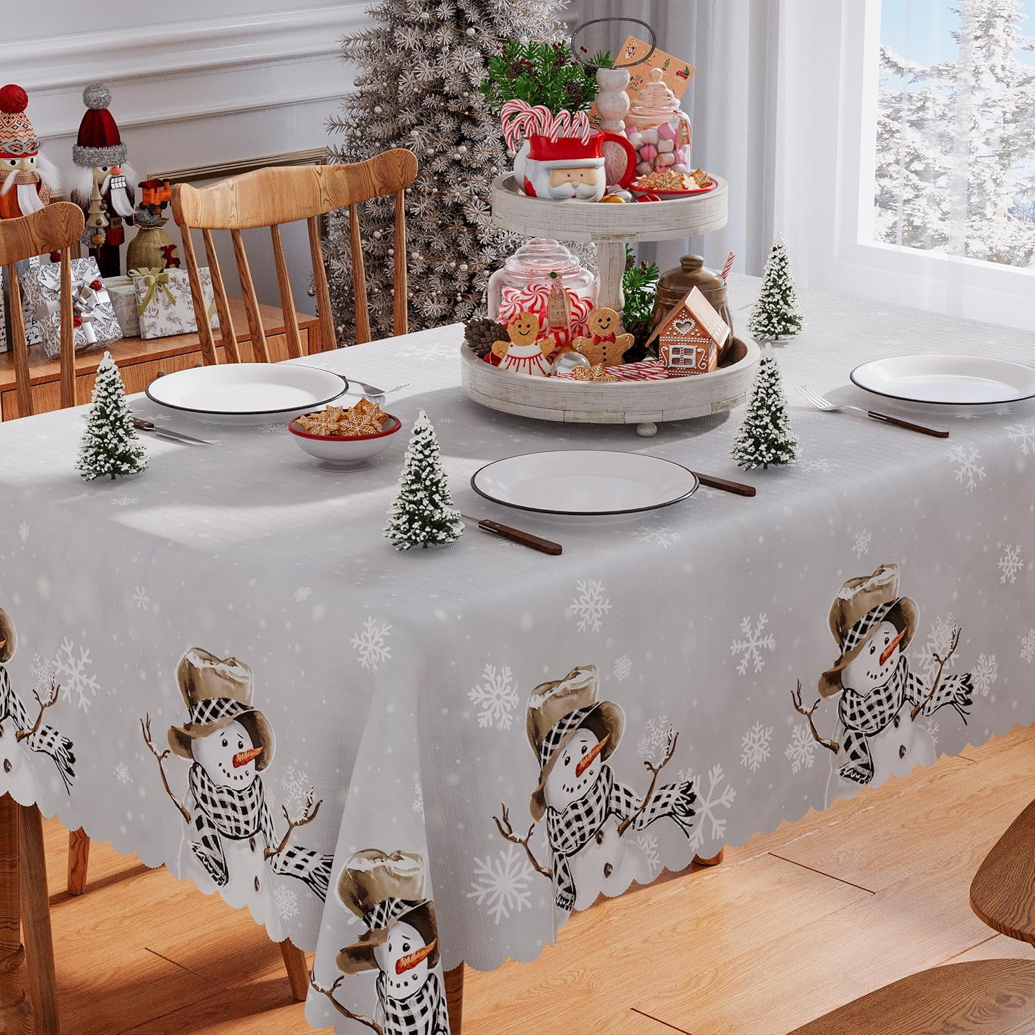 Christmas Tablecloth 60x84 Inch Rectangle, Washable Snowman Merry ...