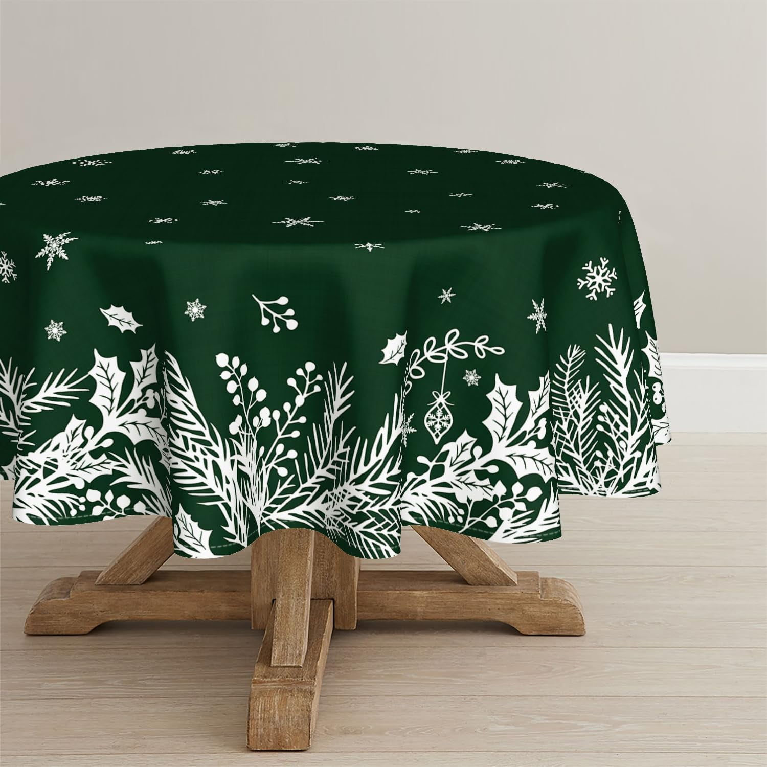 Christmas Tablecloth 70×70 Inch Round, Floral Leaf Green Washable Table ...