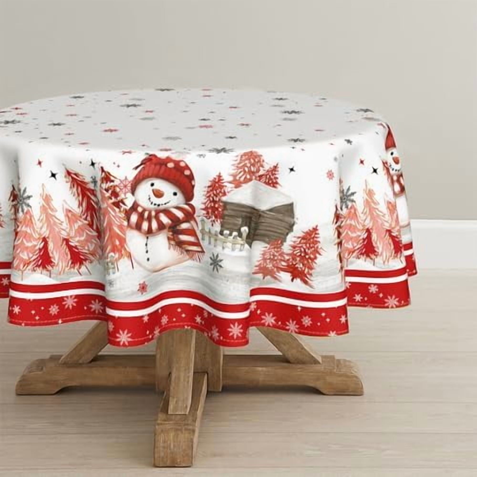 Christmas Tablecloth 70×70 Inch Round, Red Snowman Pine Snow Washable ...
