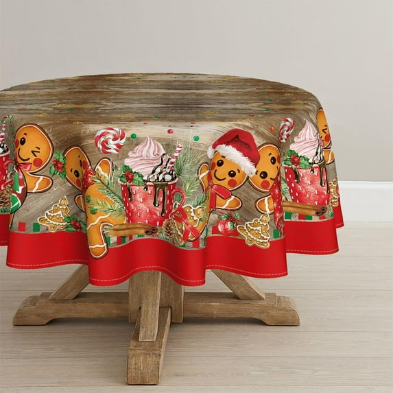 Christmas Tablecloth 70×70 Inch Round, Wood Gingerbread Man Cute ...