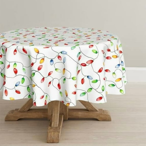 Christmas Tablecloth 90×90 Inch Round, Red Green Yellow Lights Washable ...