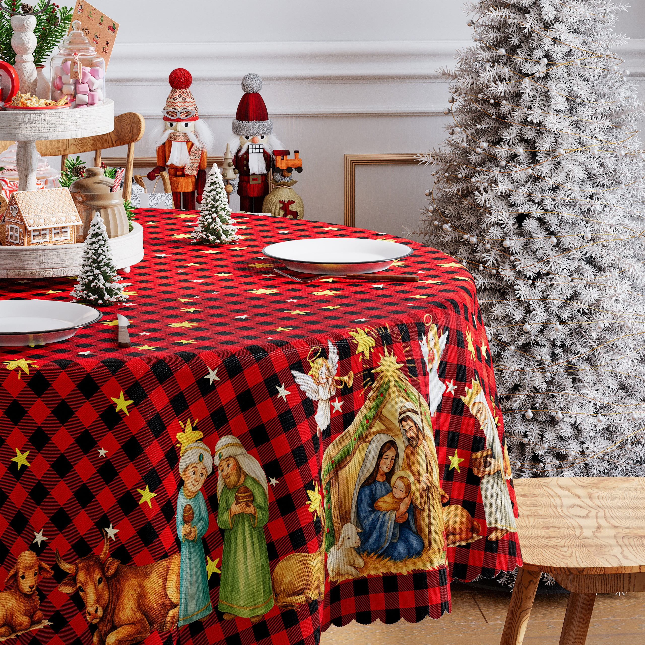 Christmas Tablecloth, Holy Nativity Red Buffalo Plaid Tablecloth ...