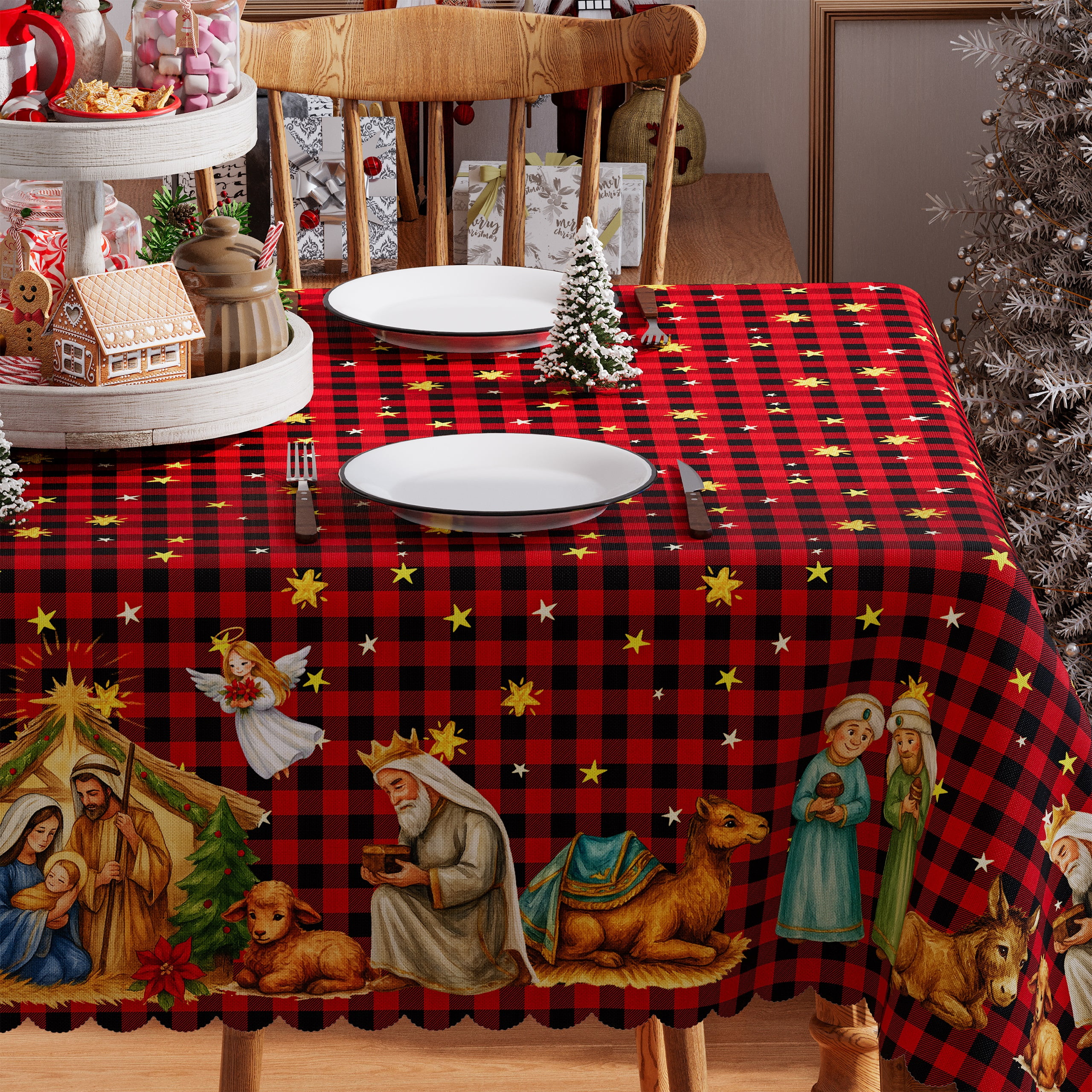 Christmas Tablecloth, Holy Nativity Red Buffalo Plaid Tablecloth ...