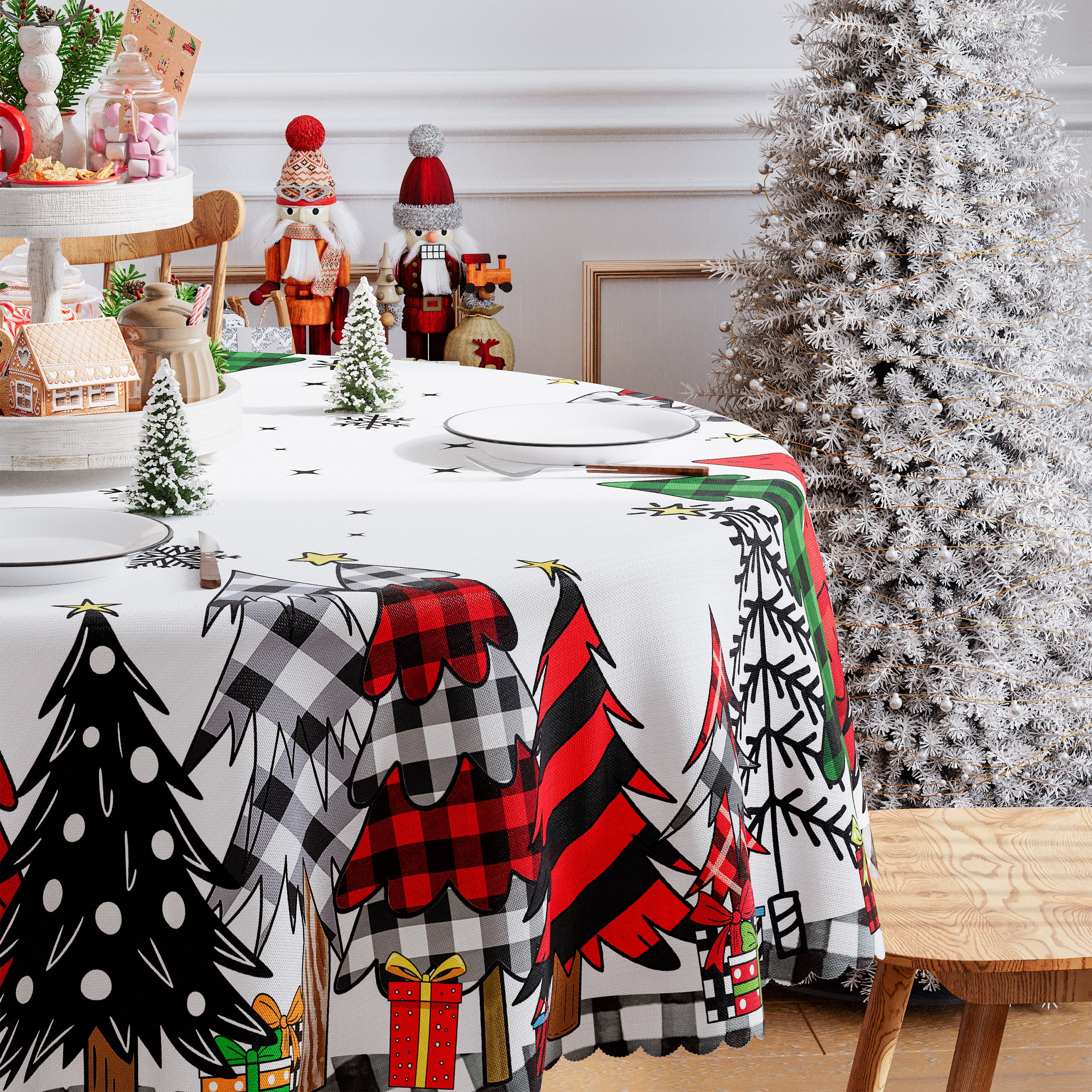 Christmas Tablecloth, Merry Christmas Tree Tablecloth, Red Black ...