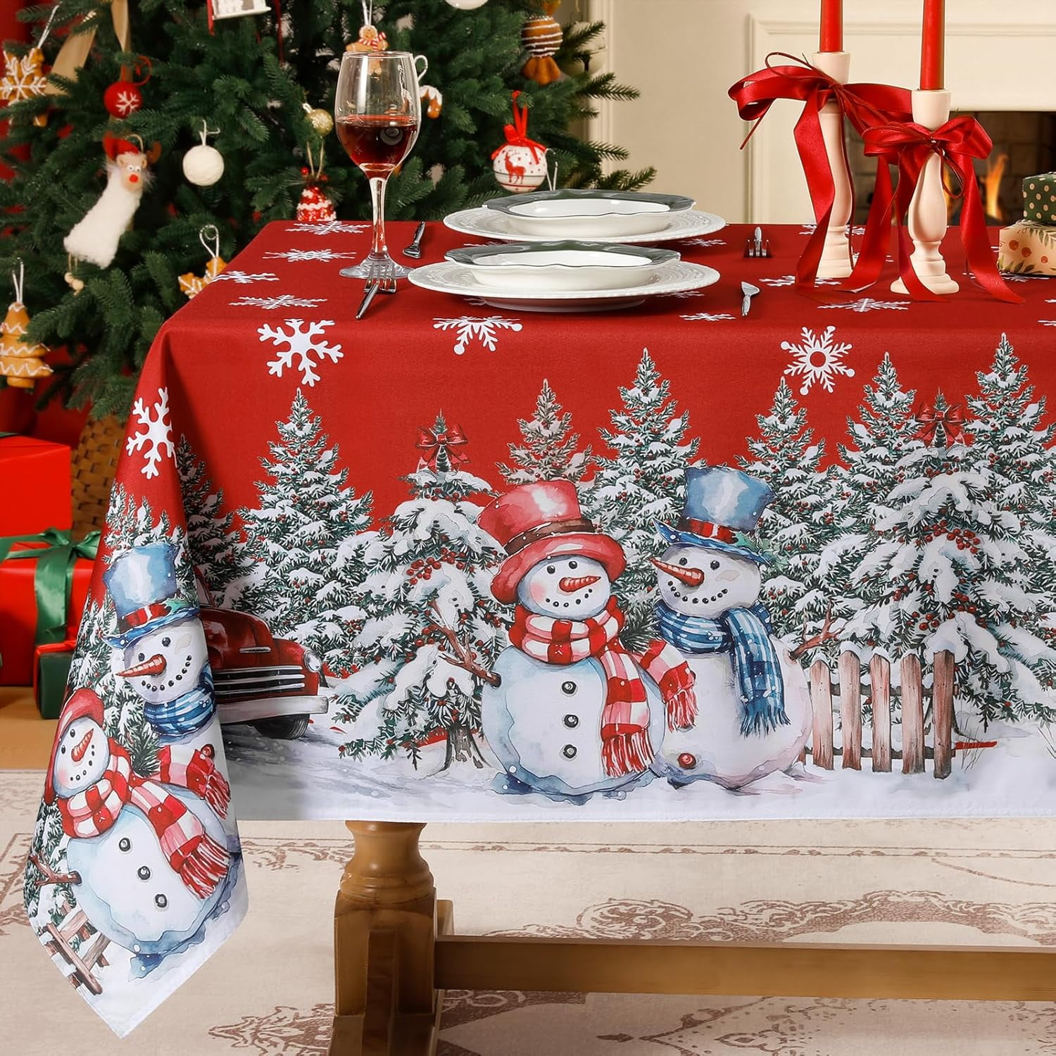 Christmas Tablecloth Rectangle 60x120 Inch, Winter Xmas Snowman Truck ...