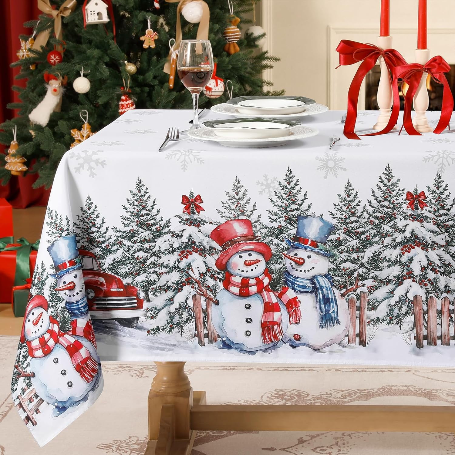 Christmas Tablecloth Rectangle 60x120 Inch, Winter Xmas Snowman Truck ...
