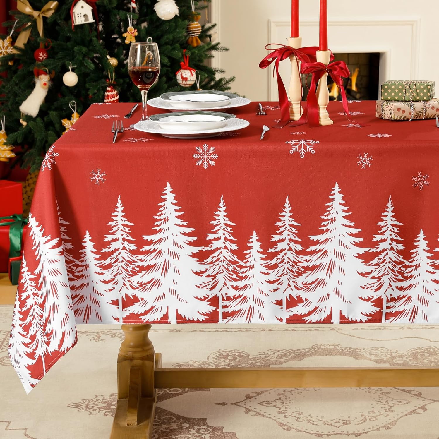 Christmas Tablecloth Rectangle 60x84 Inch, Winter Xmas Trees Red Table ...