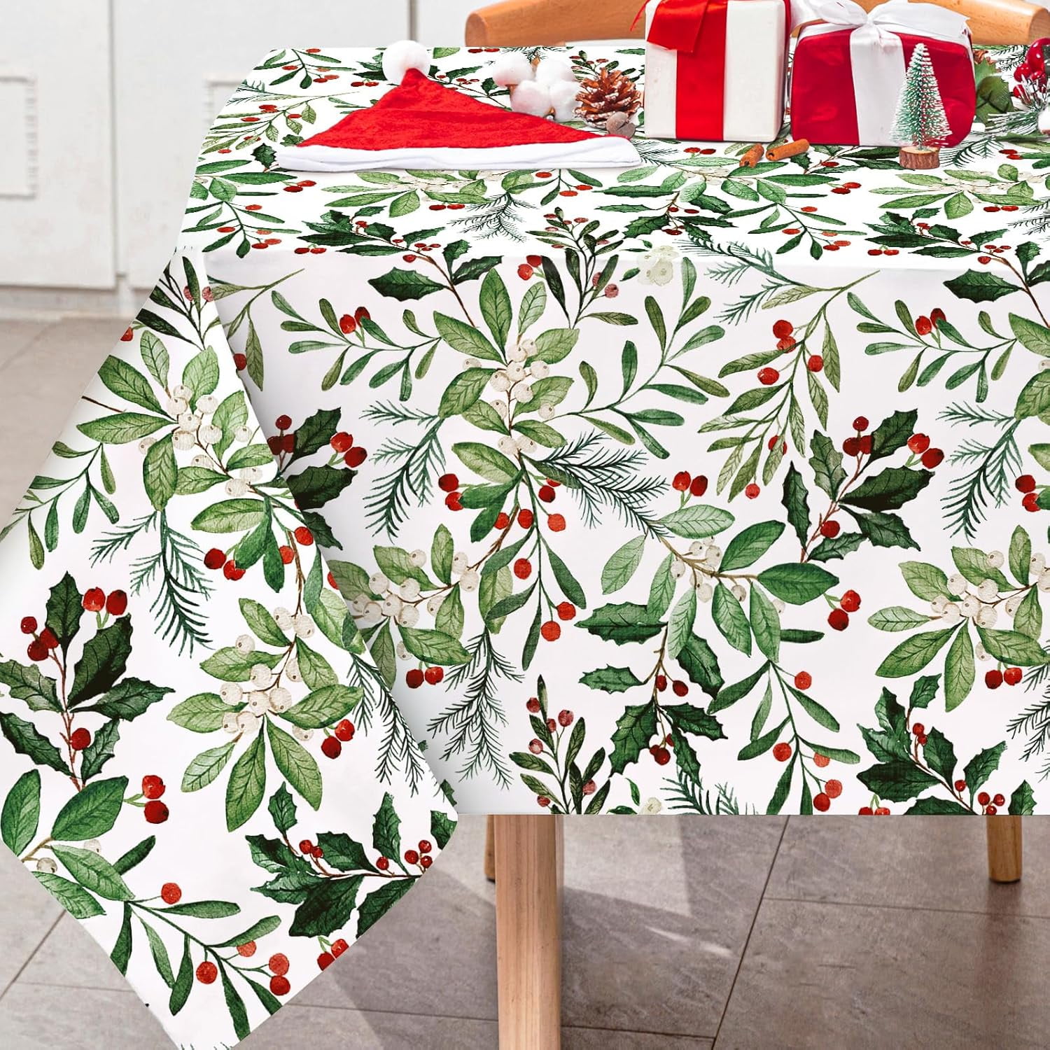 Christmas Tablecloth Rectangle Holly Berries Fabric Table Cloth ...