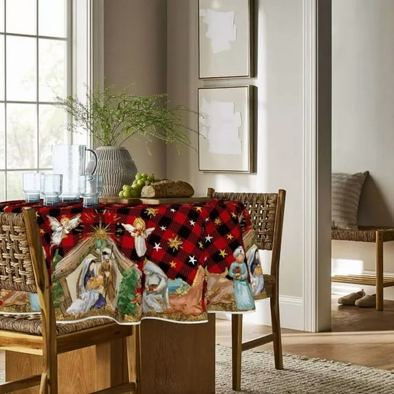 Christmas Tablecloth Red Buffalo Check Nativity Scene Washable for ...