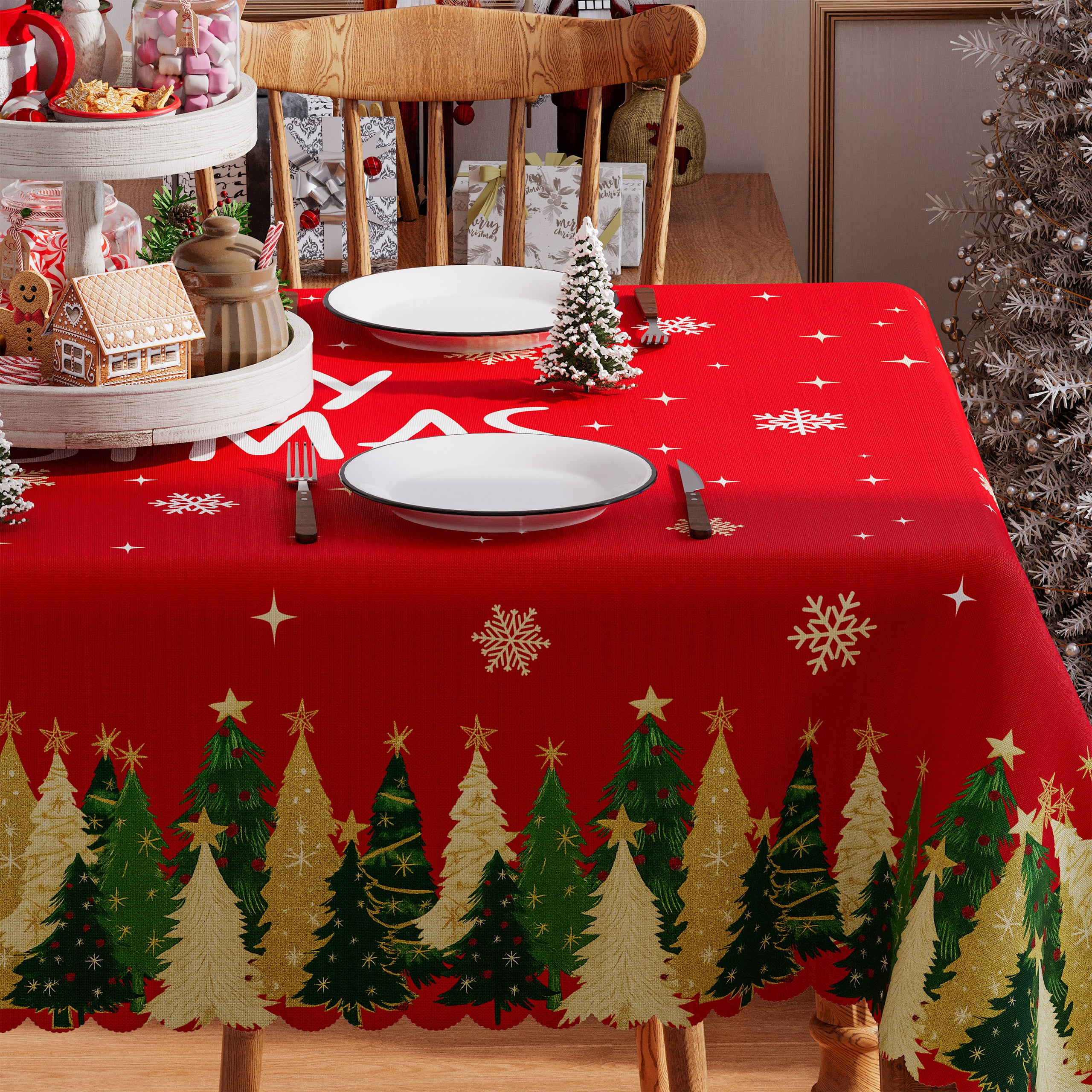 Christmas Tablecloth, Red Merry Christmas Tree Tablecloth, Christmas ...