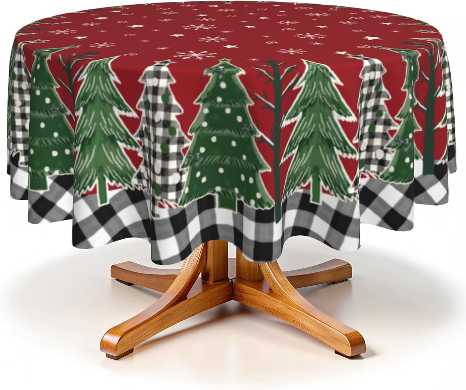 Christmas Tablecloth Round 60 Inch Red Green Xmas Tree Snowflakes Plaid ...