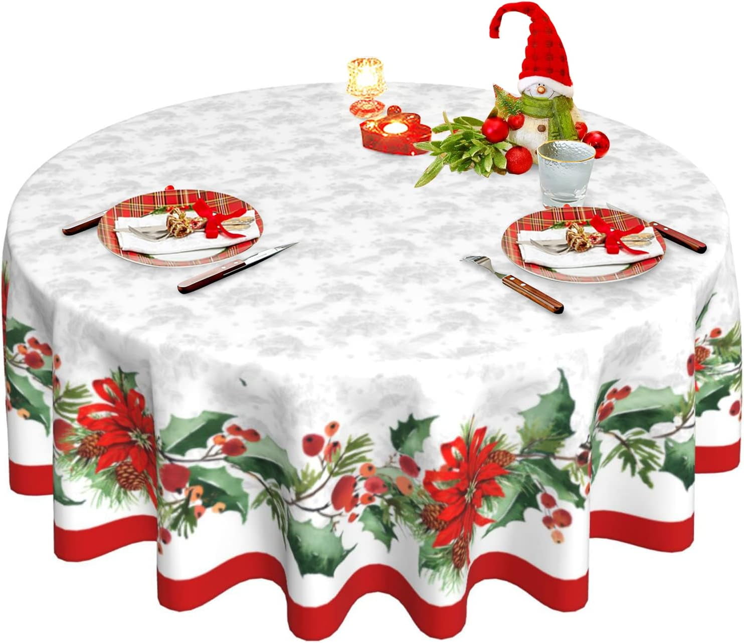 Christmas Tablecloth Round 60 Inch White Xmas Tablecloth Winter Flowers ...