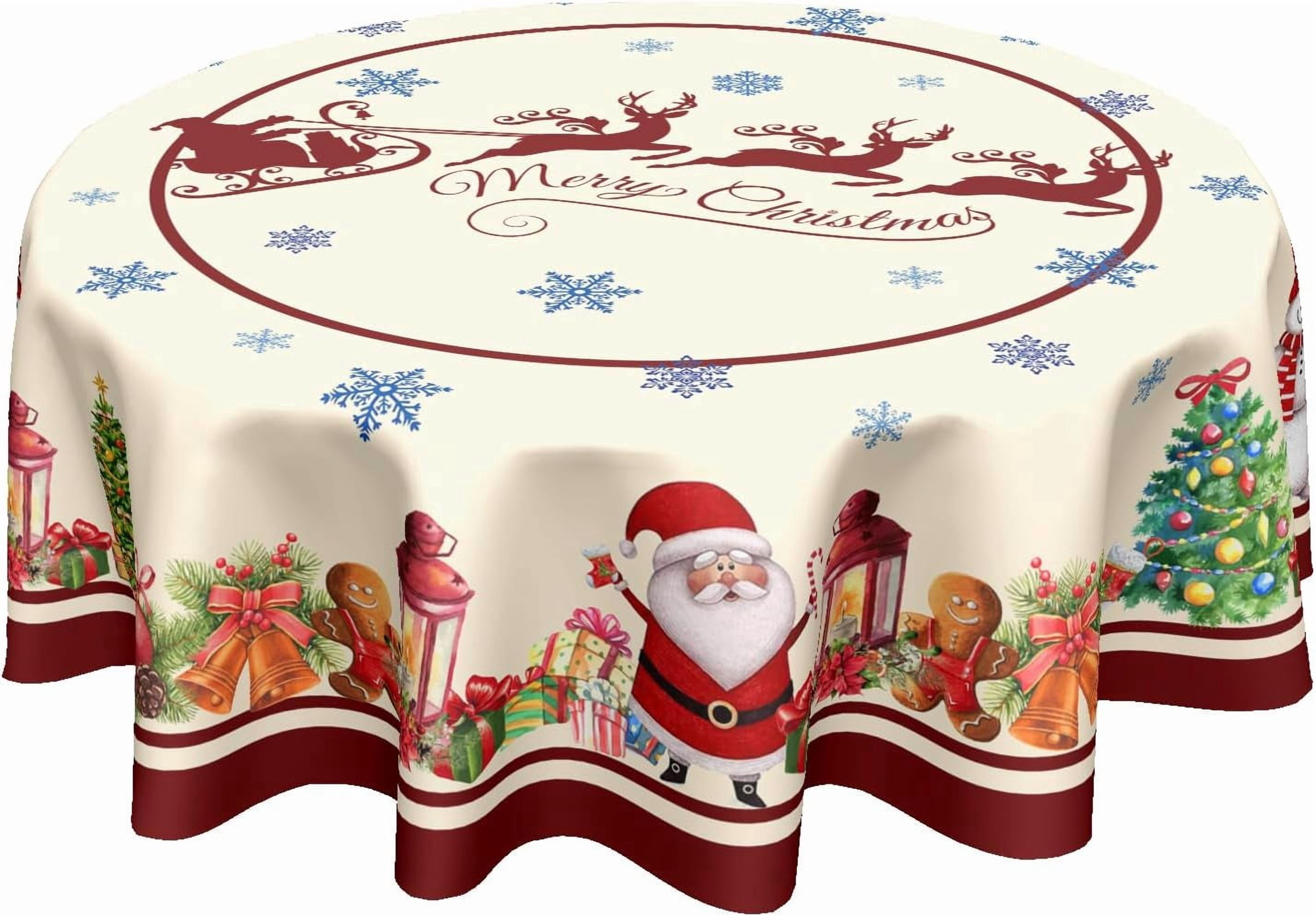 Christmas Tablecloth Round 70 Inch Xmas Theme Santa Claus Tree Snowman ...