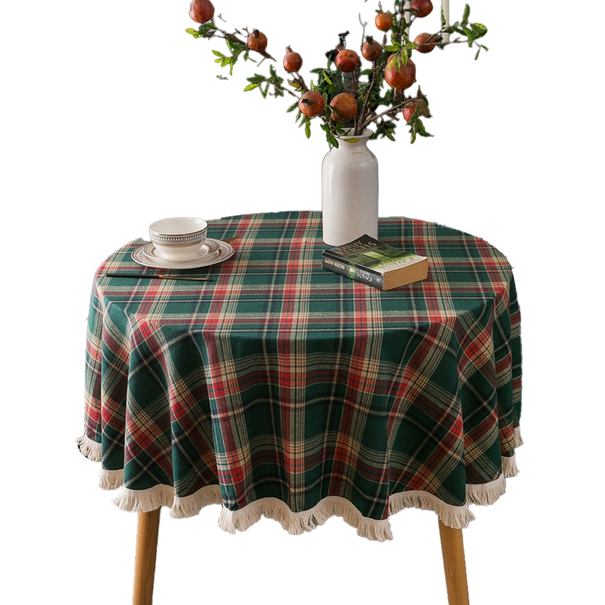 Christmas Tablecloth Round,Red Green Retro Plaid Table Cloth,Stain ...