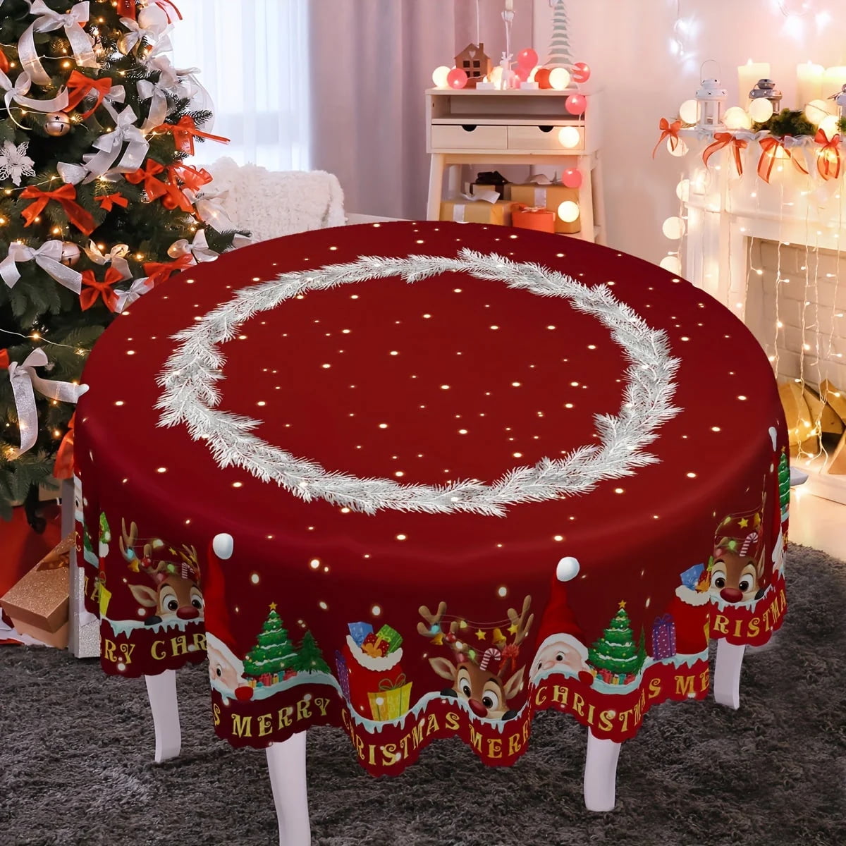 Christmas Tablecloth, Round, Red with Reindeer Design, Holiday Theme ...