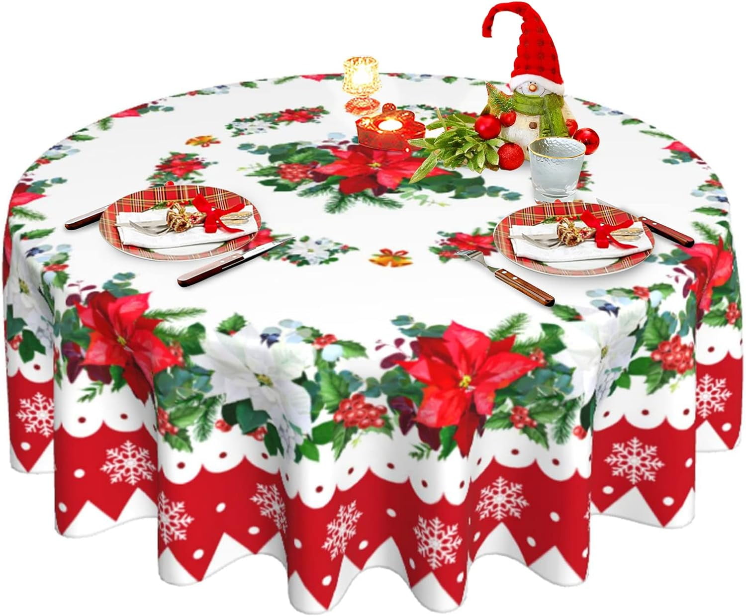 Christmas Tablecloth, Winter Floral Round Tablecloth 60 Inch, Red Xmas ...