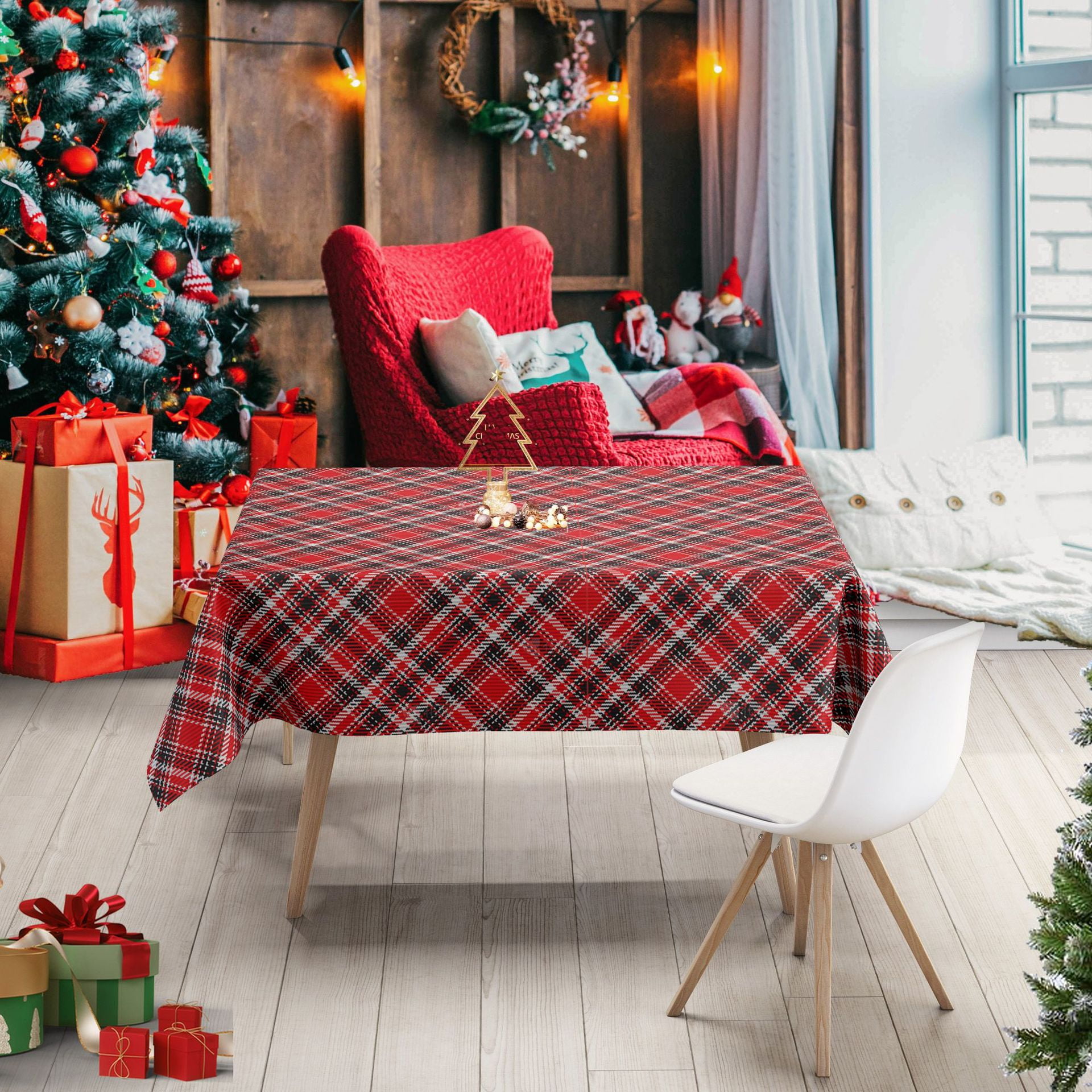 Christmas Tablecloth , Winter Snowman House Christmas Trees Red ...