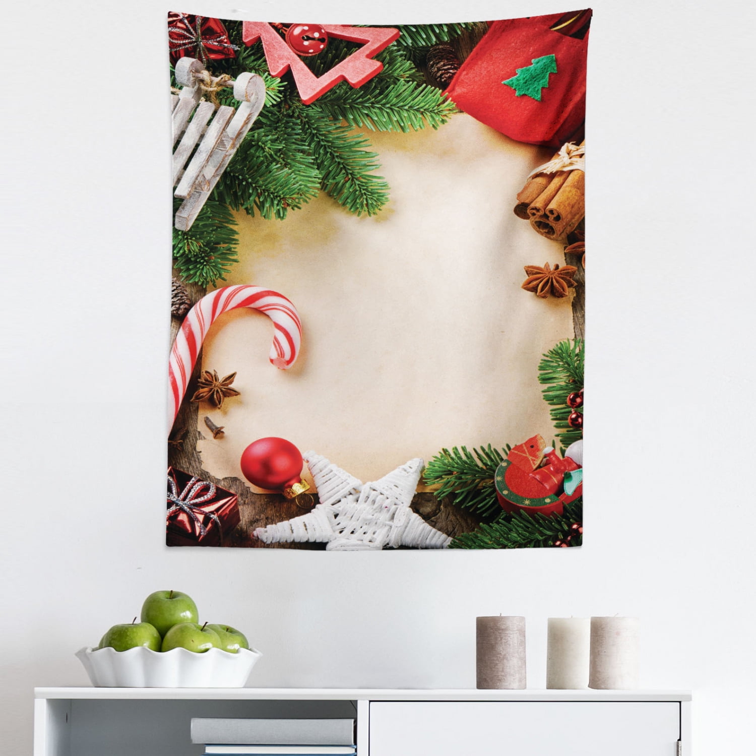 Christmas Tapestry, Assortment of Ornaments Cinnamon Stick Star Anise ...