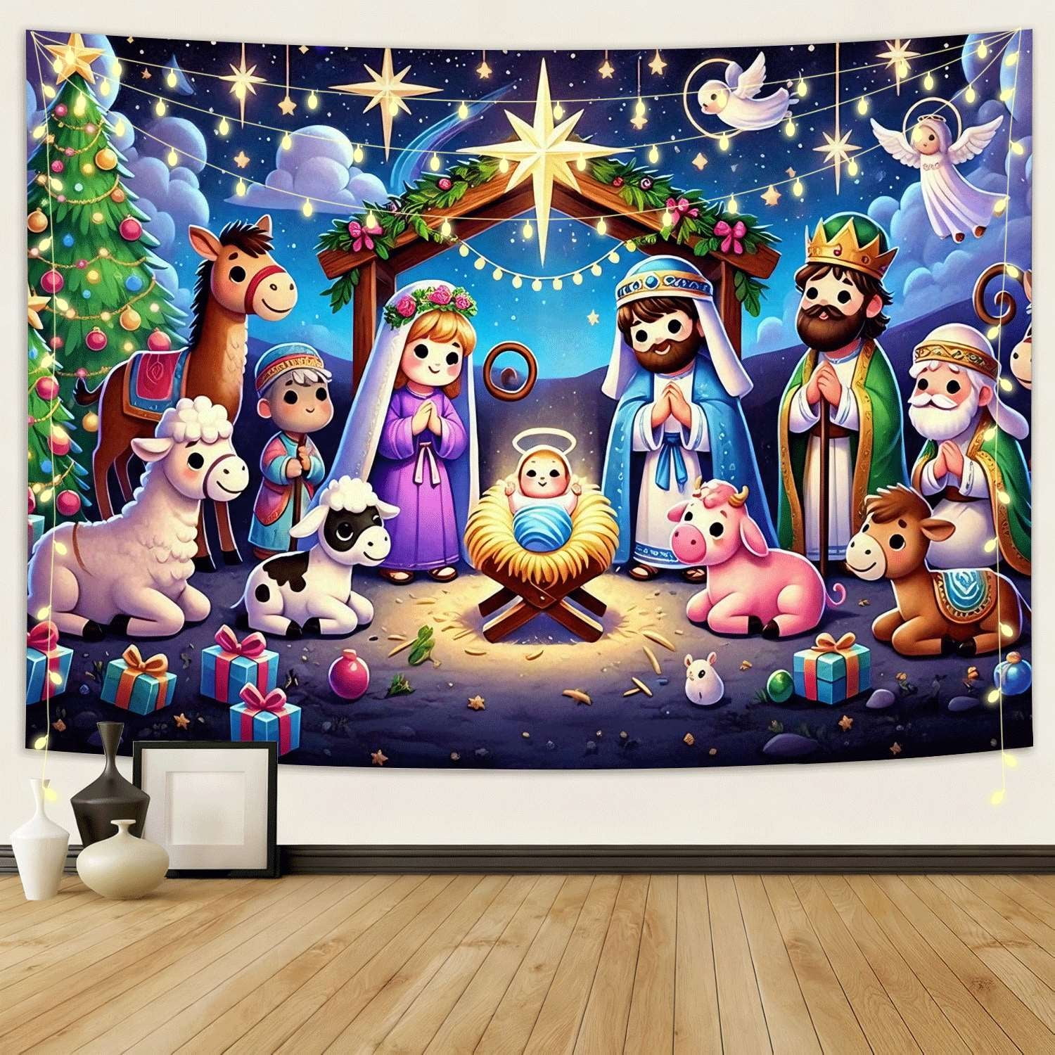 Christmas Tapestry Cute Nativity Scene, Cartoon Baby Jesus with Angels ...