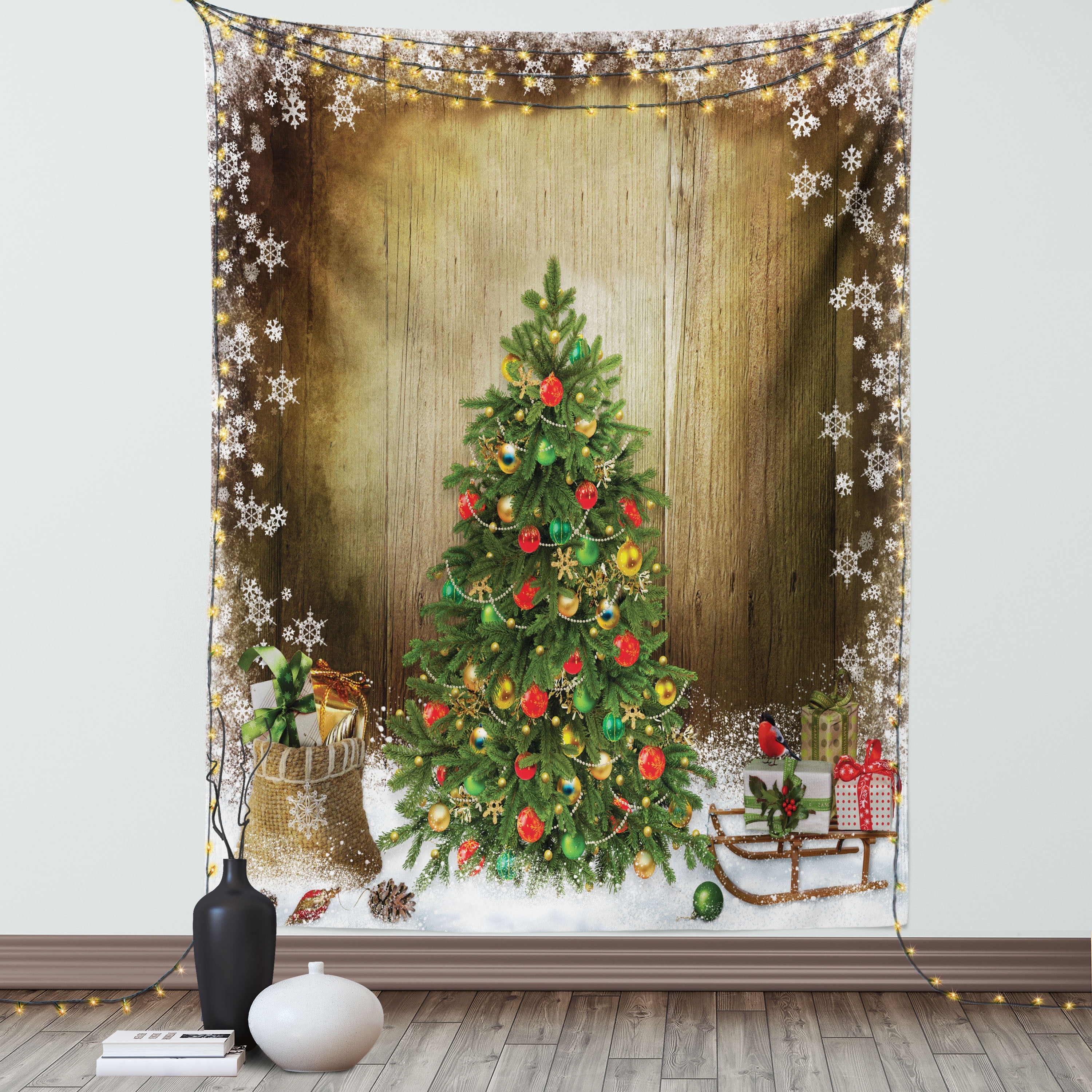 Christmas Tapestry, Festive Pine Tree with Present Boxes on Snowy Board ...