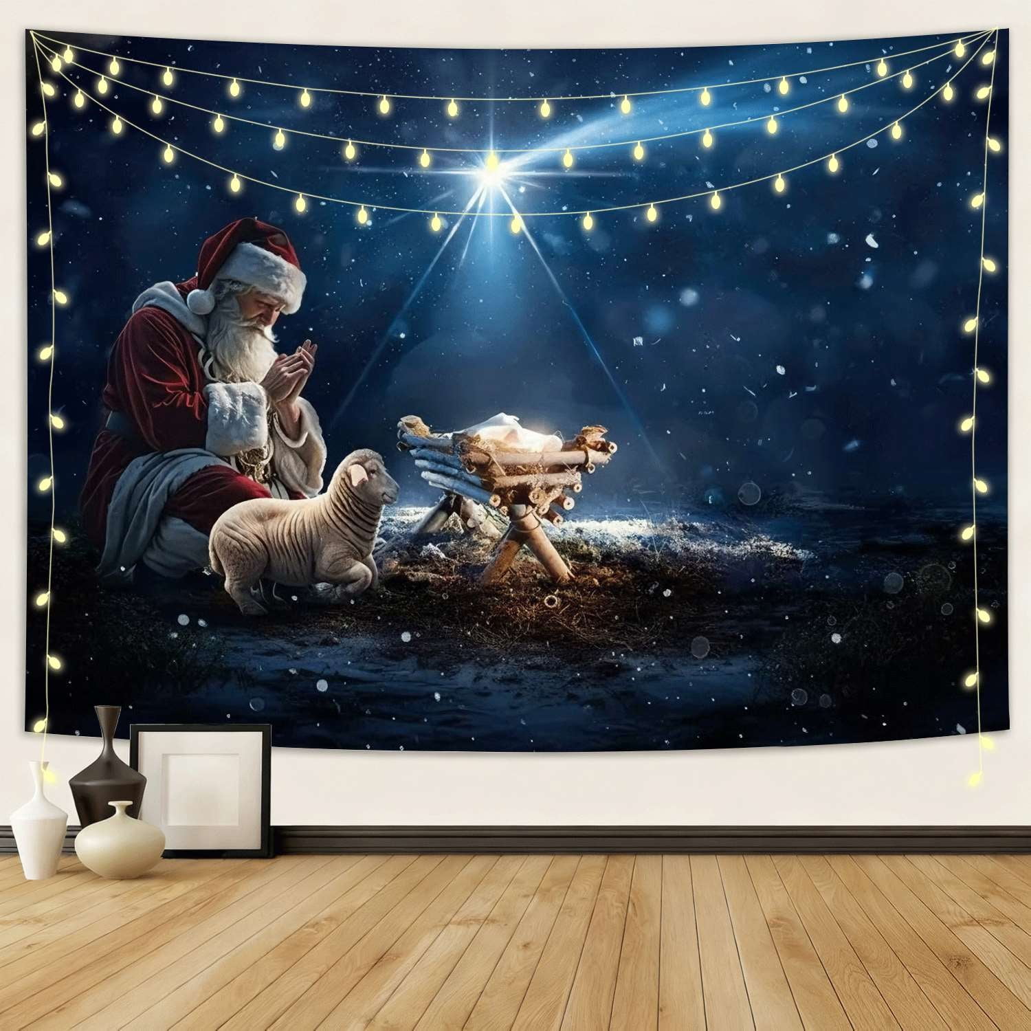 Christmas Tapestry Holy Night Nativity Scene with Santa Praying ...