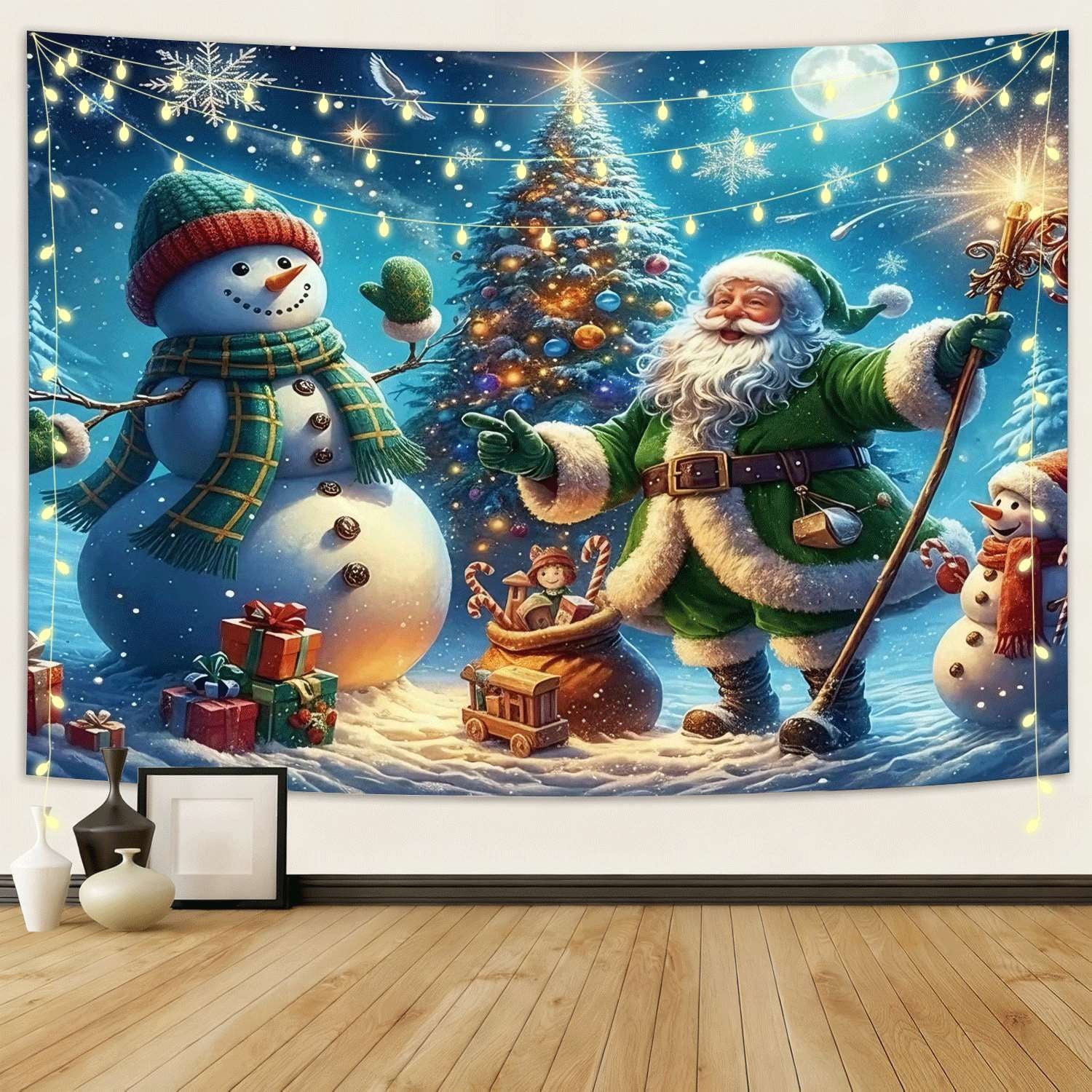 Christmas Tapestry with Green Santa & Snowman, Festive Winter Tree ...