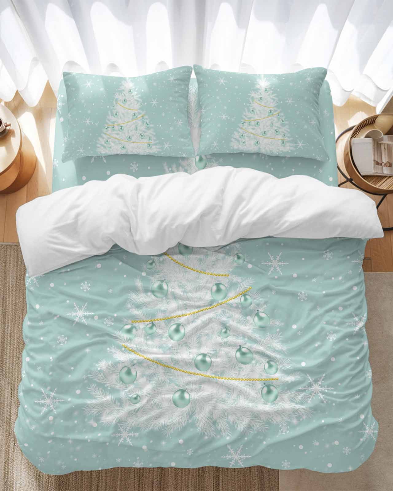Christmas Teal Bedding Duvet Cover Set King Size 4 Pieces Green White ...