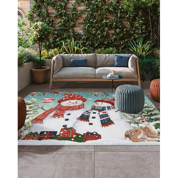 Christmas Teal Outdoor Rug, Xmas Balls Pine Tree Snowman Large Outdoor ...