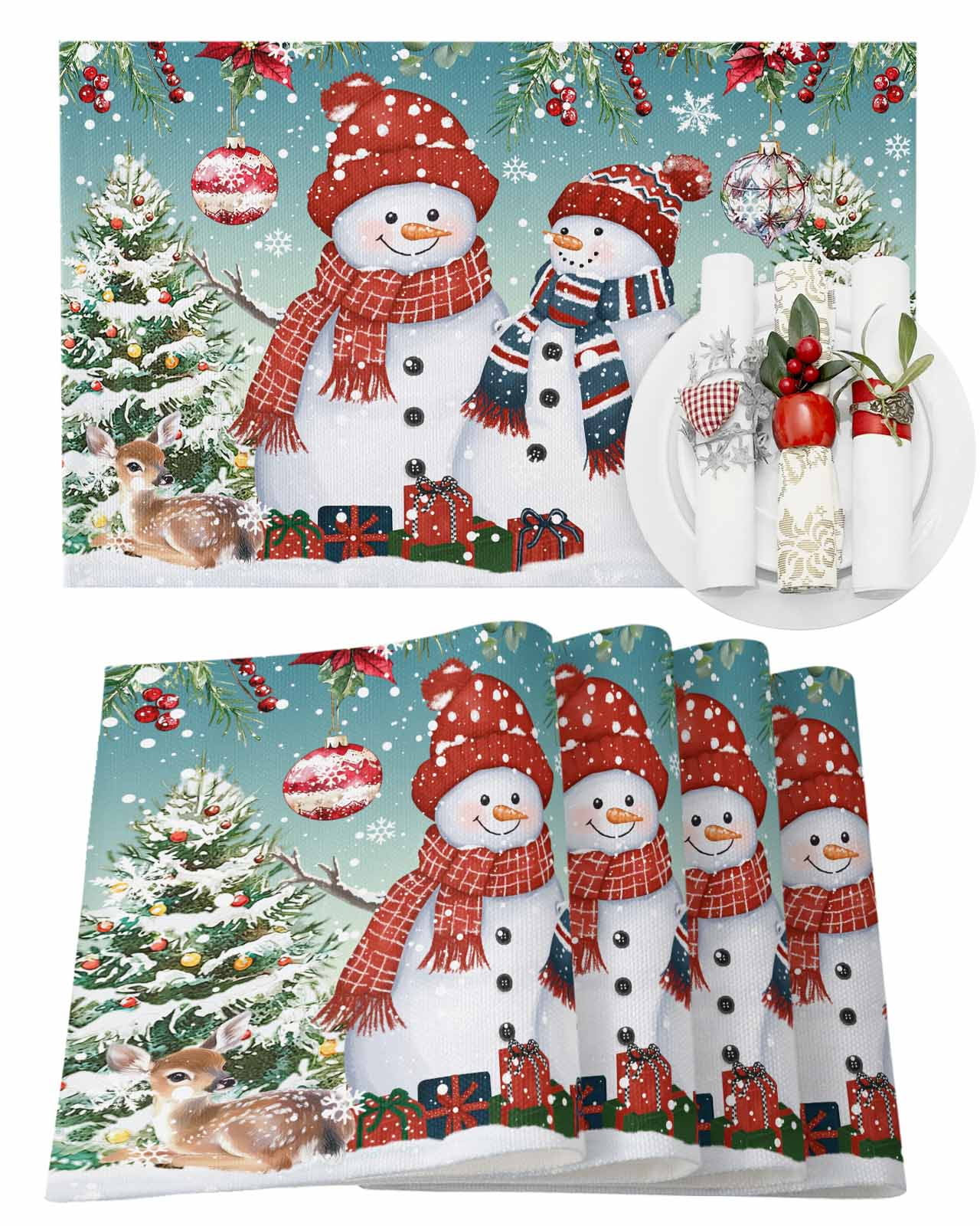 Christmas Teal Placemats Set of 2 Xmas Balls Pine Tree Snowman Heat ...