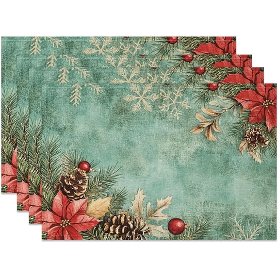 Christmas Teal Placemats Set of 4 Snowflake Pine Cones Poinsettia ...