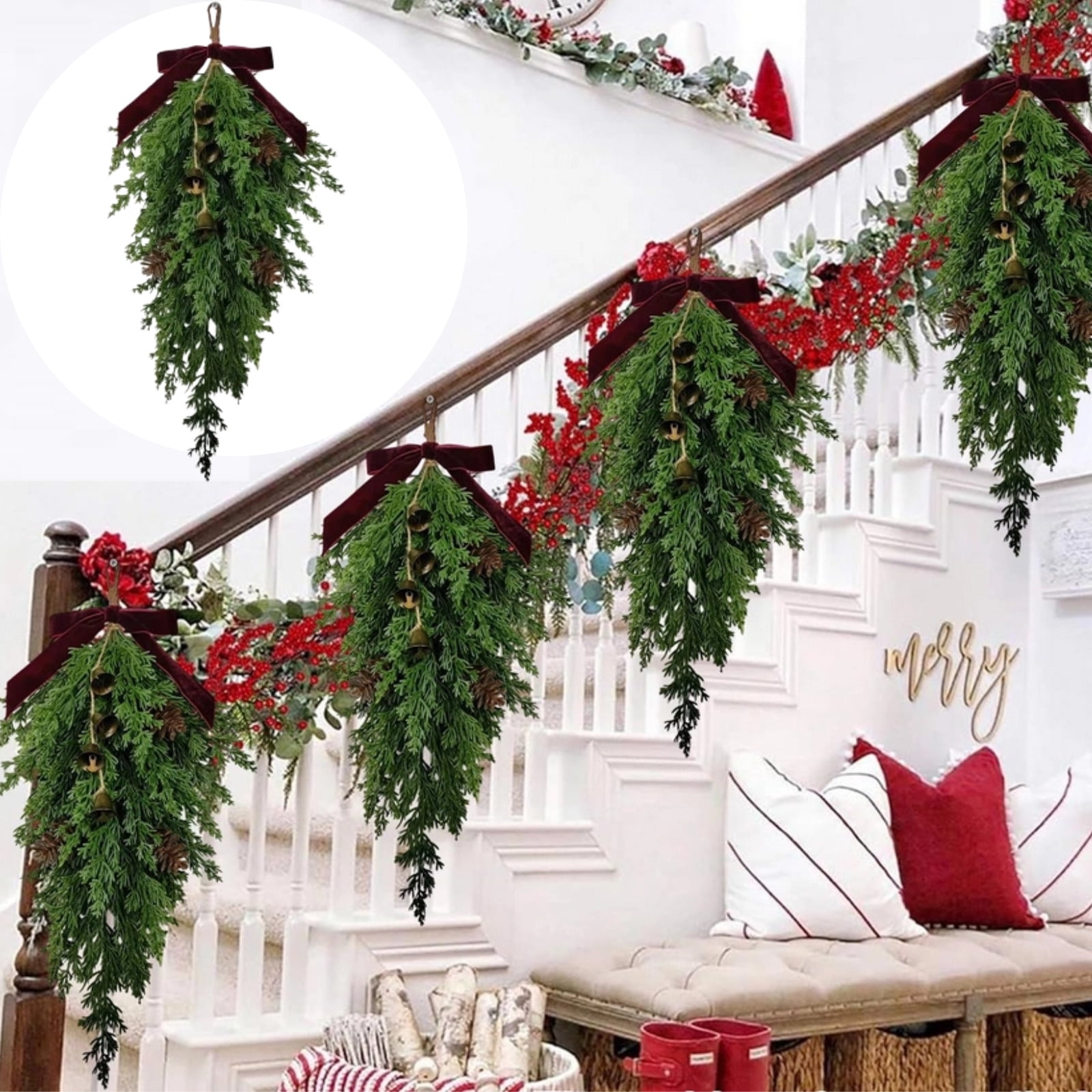 Christmas Teardrop Swags - 22" Artificial Cedar Swag Greenery Wreath ...