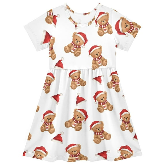 Christmas Teddy Bear Pattern Short Sleeve Dress A-Line Cute Midi Casual ...