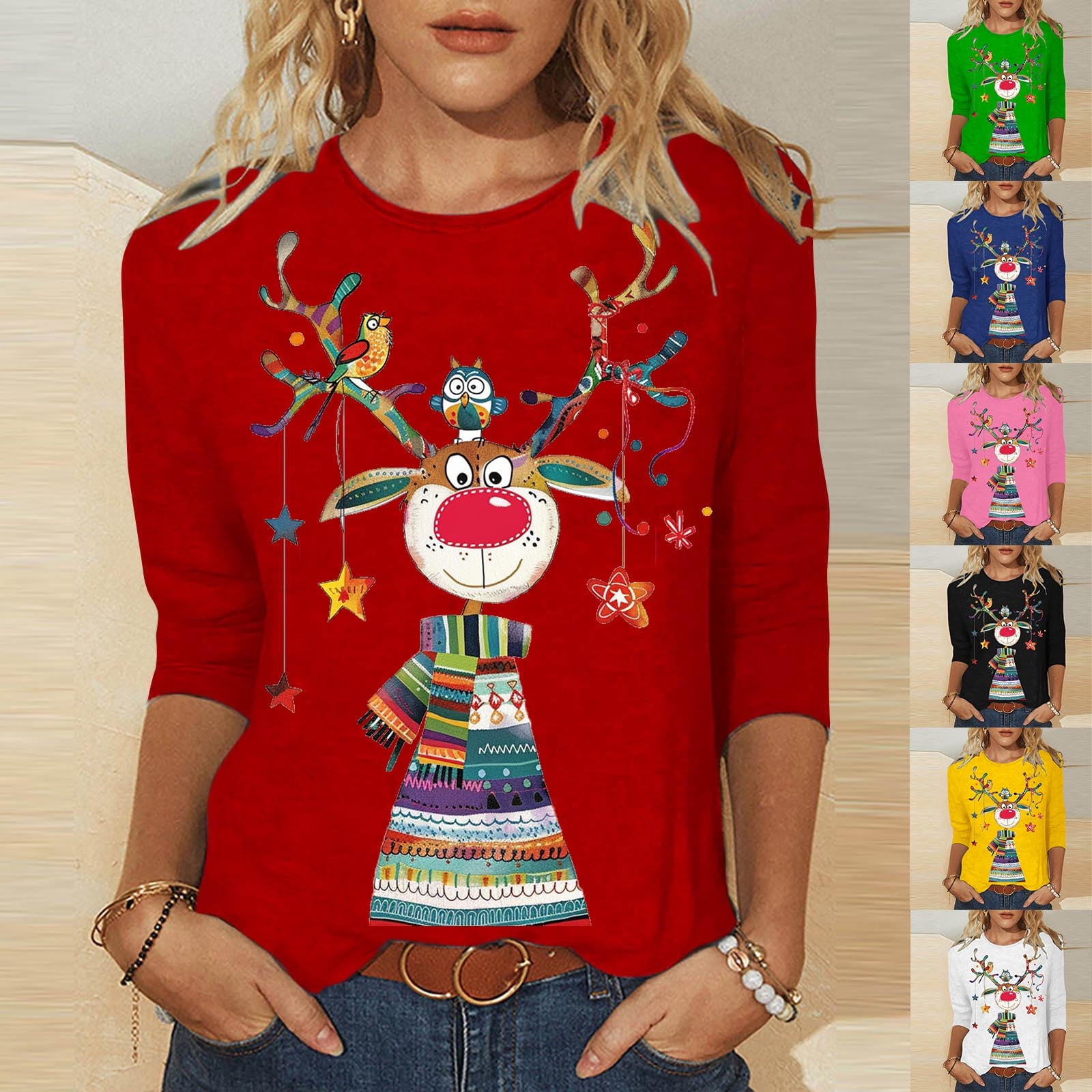 Christmas Tee Shirts for Women V Neck Three Quarter Sleeve Tops Round ...
