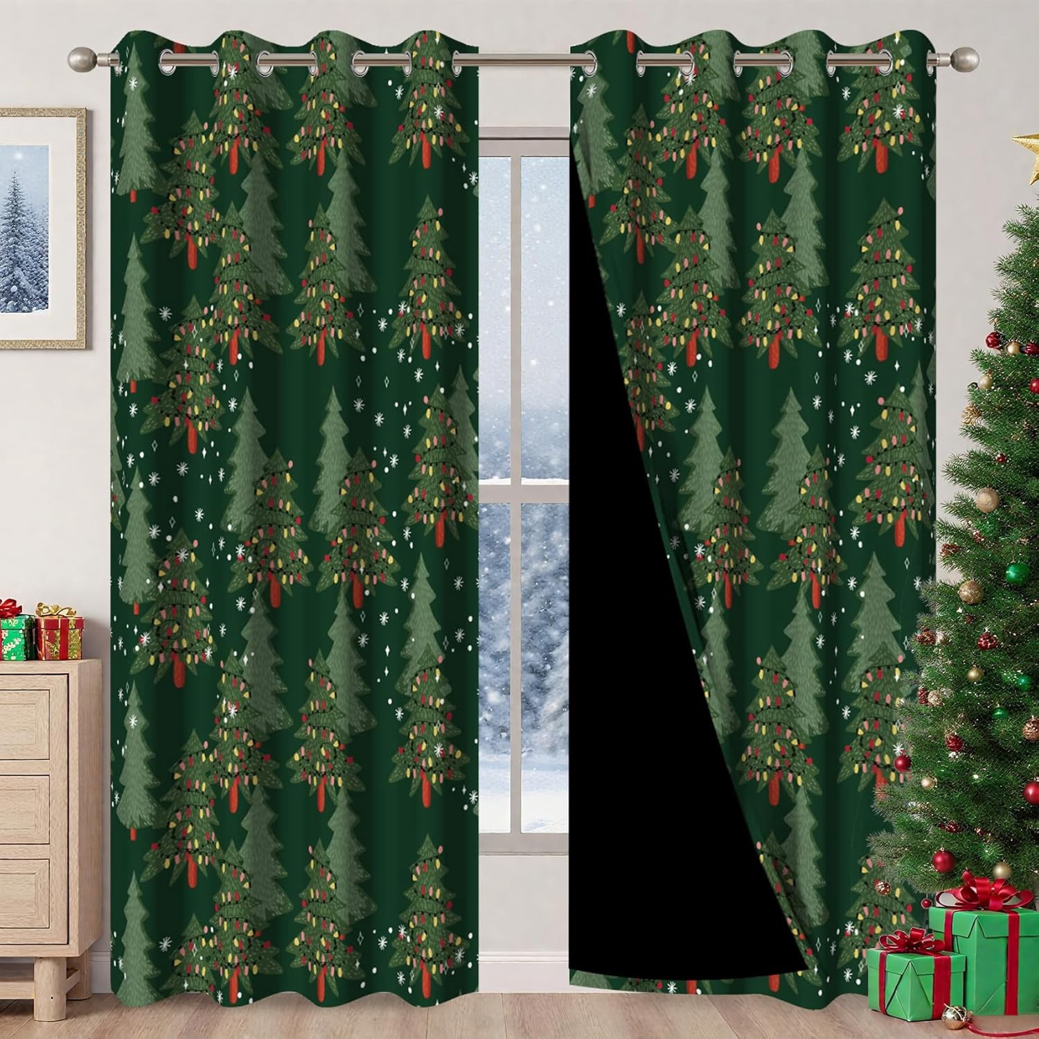 Christmas Theme Blackout Thermal Insulated Curtains,Xmas Trees Pine ...
