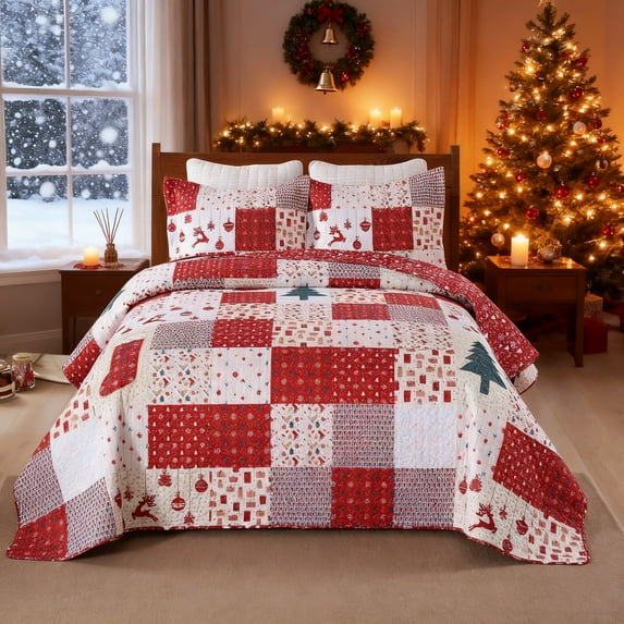 Christmas-Themed 3 Pcs Holiday Patchwork Quilt Bedspread Set Reversible ...