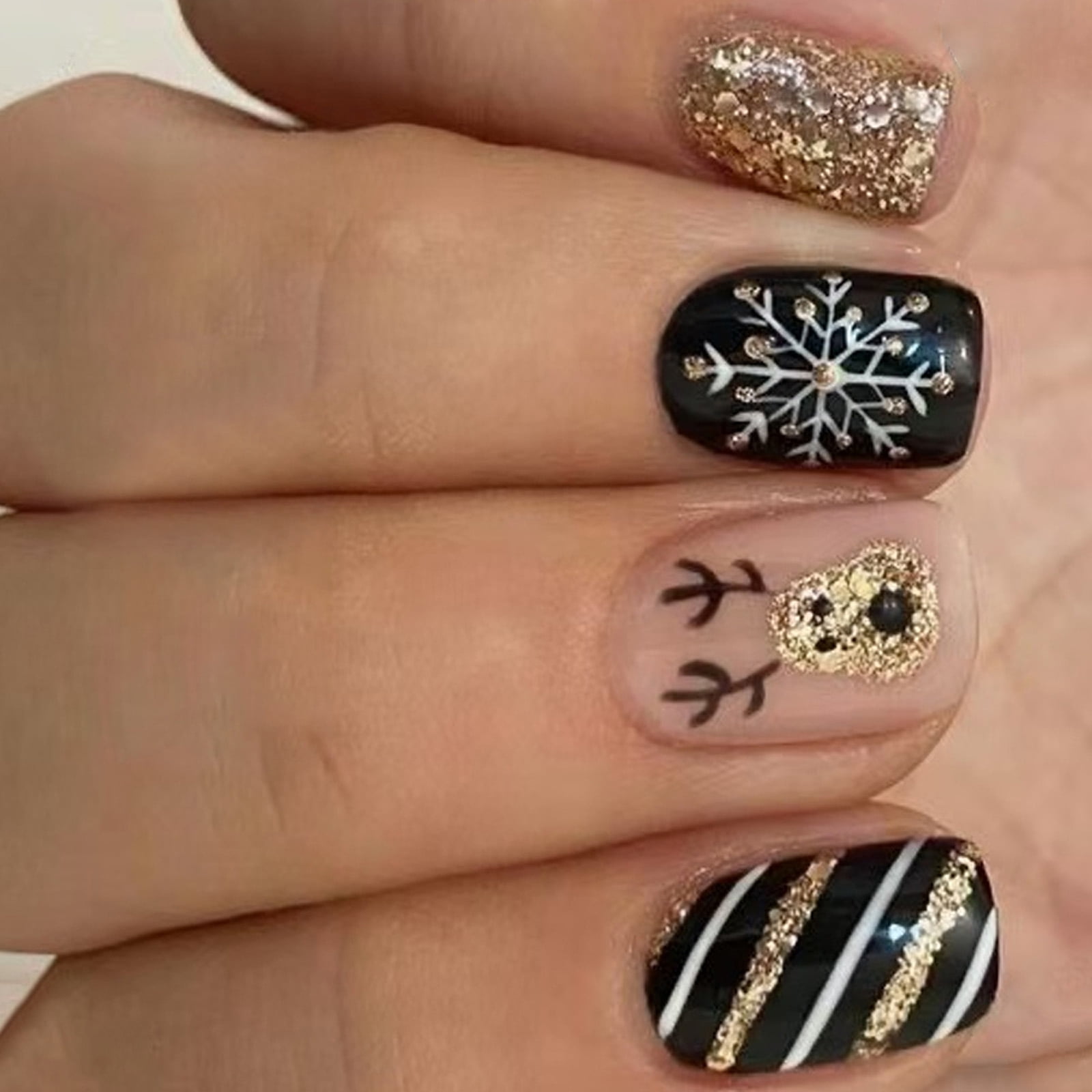 Christmas Themed Fake Nails Set Of 24 Short Square Shape Reindeer ...