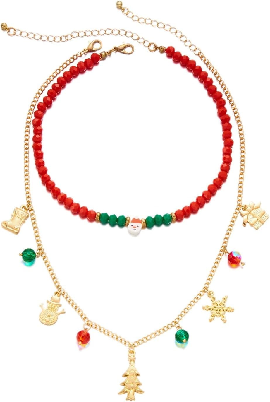 Christmas Themed Layering Necklace Set 14K Gold Plated Red Green Beaded ...