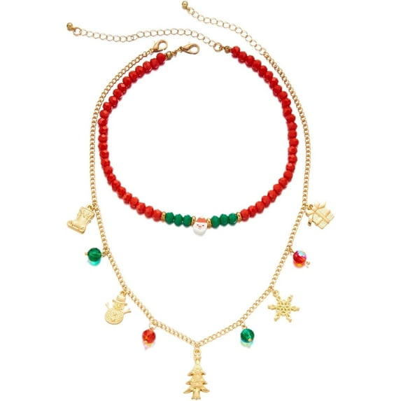 Christmas Themed Layering Necklace Set 14K Gold Plated Red Green Beaded ...