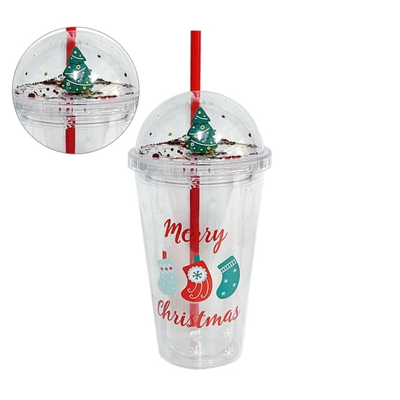 Christmas Themed Reusable Water Glitter Cup with Straw and Lid 450ml ...